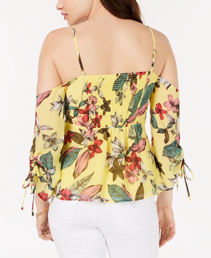 GUESS Printed Cold-Shoulder Ruched Top - Macy's