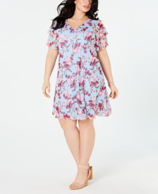 NY Collection Plus Size Printed Ruffled-Sleeve Dress - Macy's
