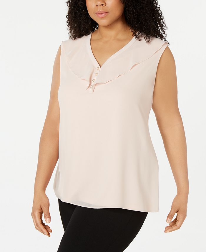 Calvin Klein Plus Size Ruffled Button-Neck Top - Macy's