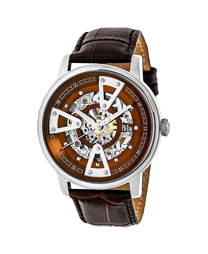 Reign Belfour Automatic Silver Case, Genuine Brown Leather Watch 44mm ...