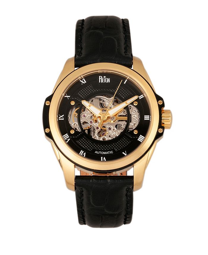 Reign Henley Automatic Semi-Skeleton Gold Case, Genuine Black Leather ...