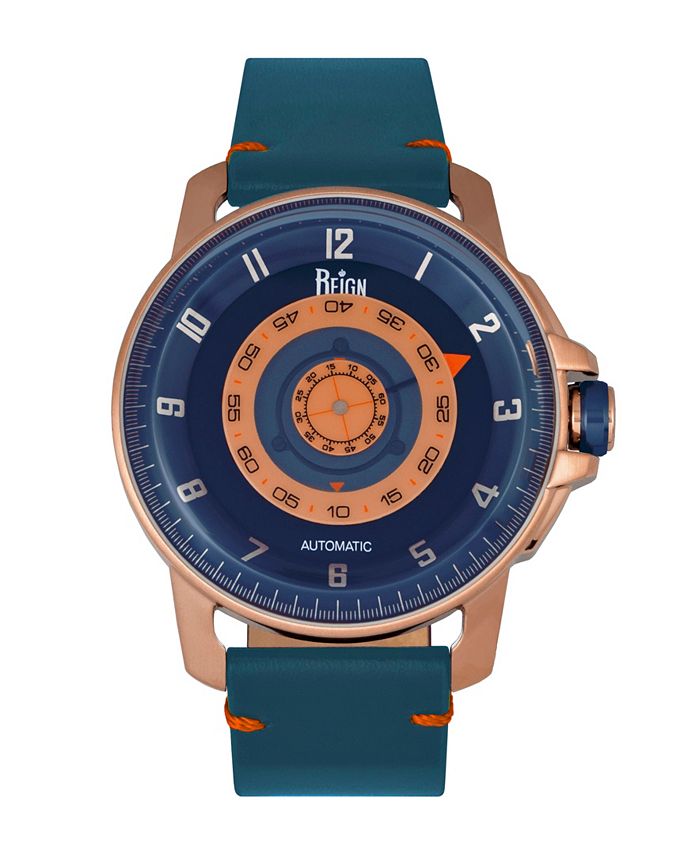 Reign Monarch Automatic Rose Gold Case, Genuine Blue Leather Watch 46mm ...
