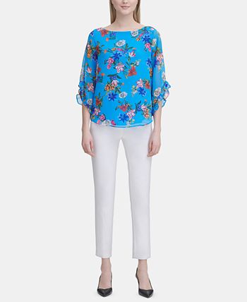 Calvin Klein Printed Ruffle-Trim 3/4-Sleeve Top - Macy's
