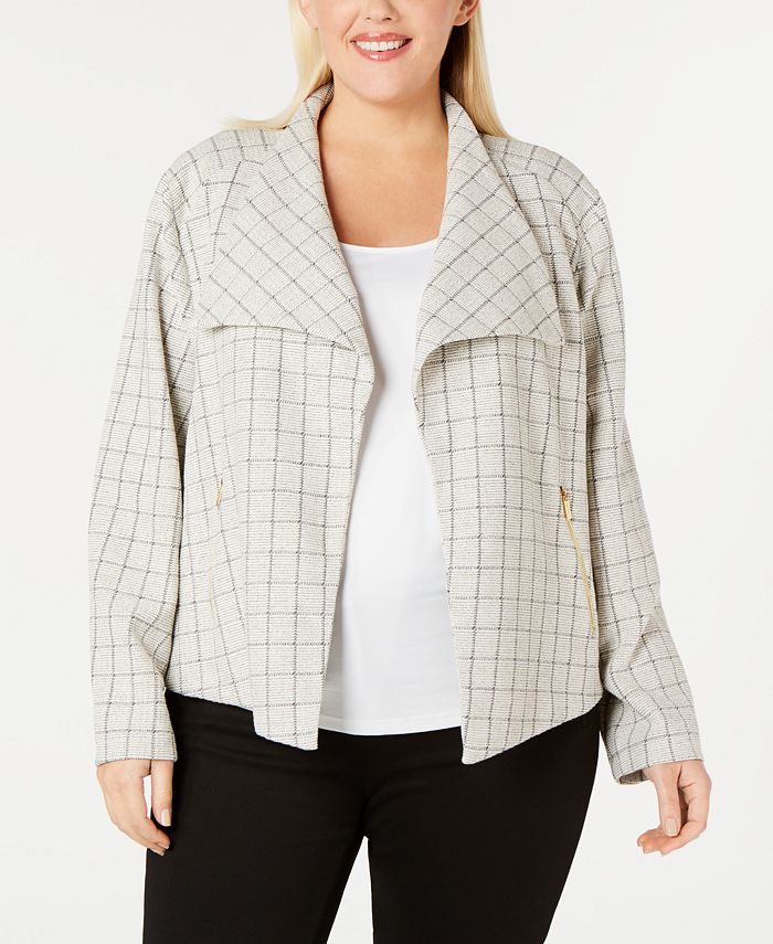 Calvin Klein Plus Size Windowpane Jacquard Flyaway Jacket - Macy's