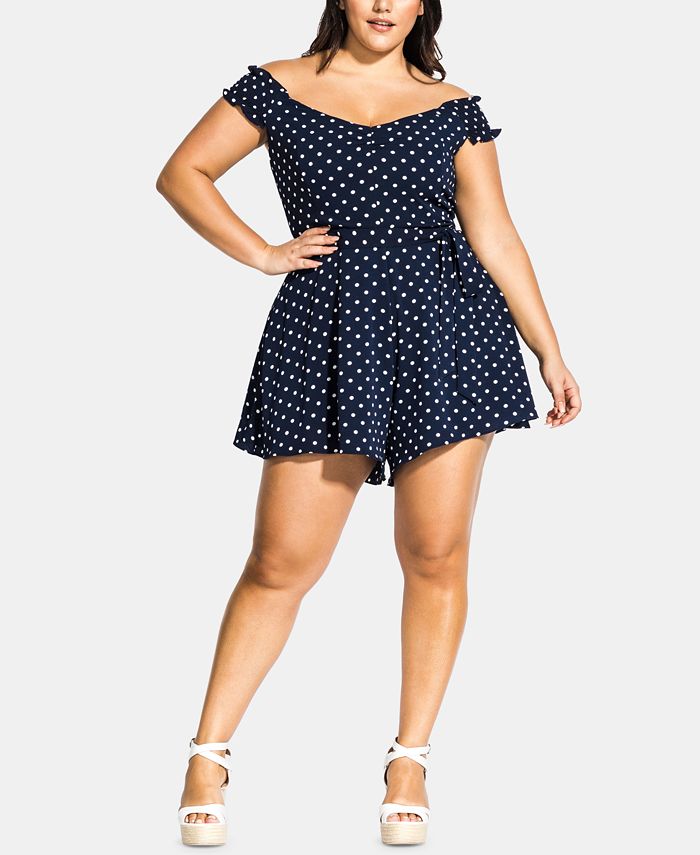 City Chic Trendy Plus Size Dot-Print Off The Shoulder Romper - Macy's