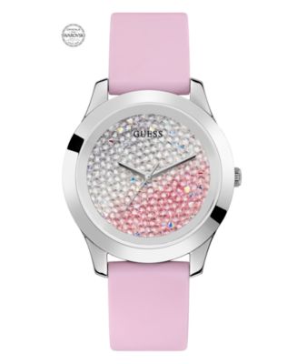 GUESS Women s Silver-Tone and Pink Silicone Watch Embellished with ...