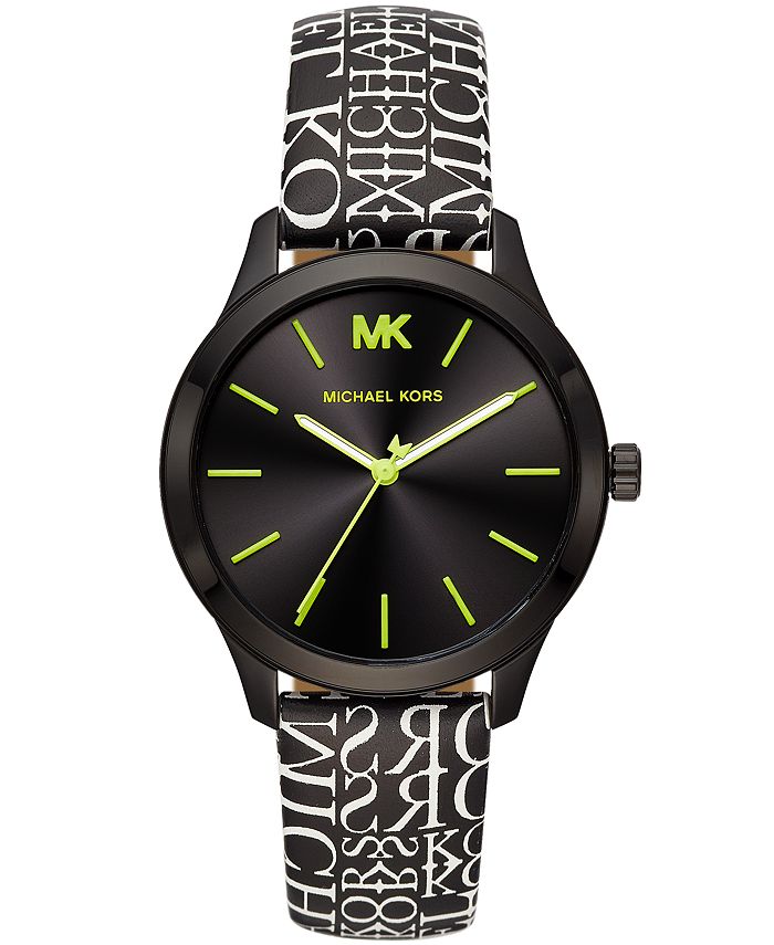 Michael Kors Women's Slim Runway Black Logo Leather Strap Watch 38mm ...