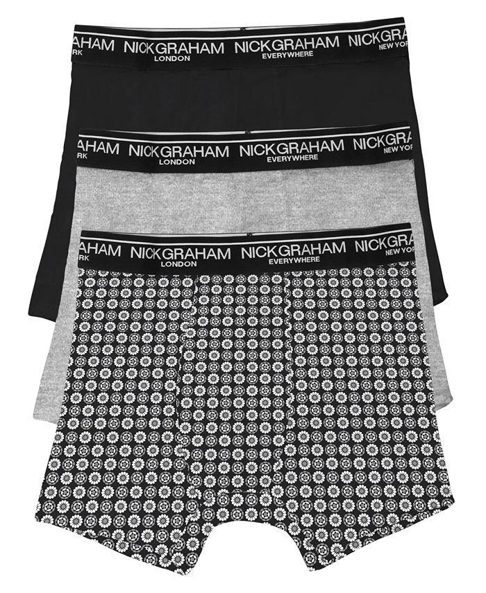 Nick Graham Men's 3 Pack Cotton Stretch Printed And Solid Boxer Briefs ...