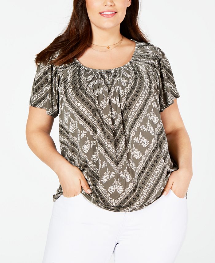 Style And Co Plus Size Printed Pleat Neck Top Created For Macys Macys