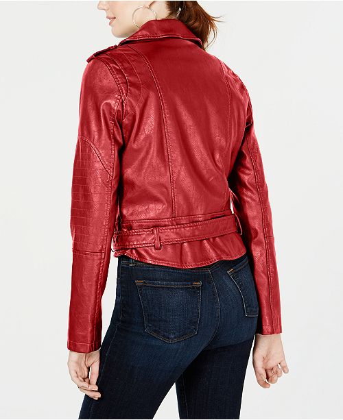 Collection B Juniors' Faux-Leather Belted Moto Jacket & Reviews - Coats ...