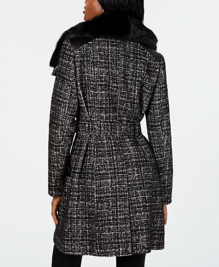 Via Spiga Asymmetrical Belted Faux-Fur-Collar Coat - Macy's