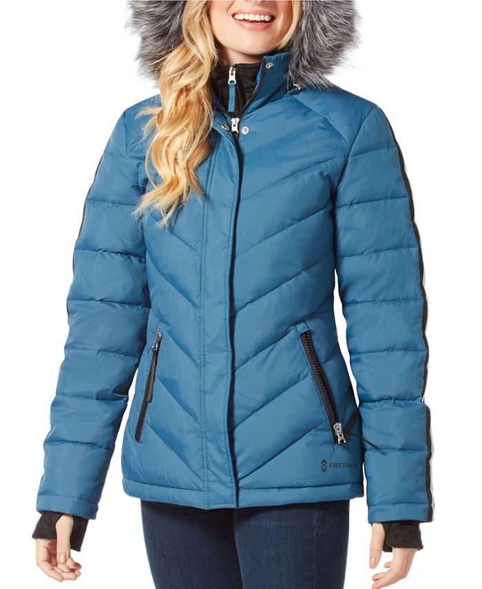 Free Country Hooded Puffer Coat with Faux Fur Hood & Interior Bib - Macy's