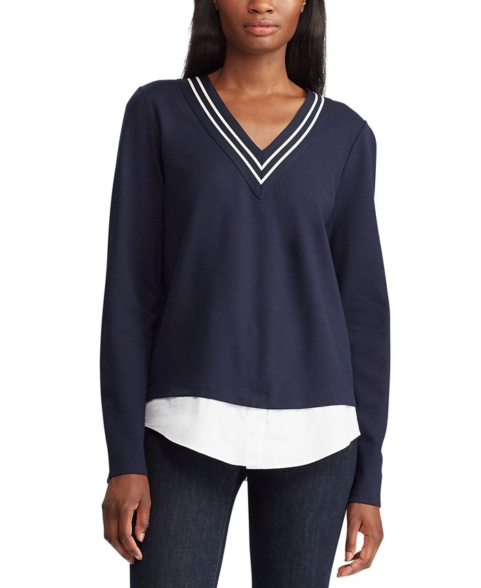 Lauren Ralph Lauren Stripe-Trim Layered Cricket Top - Macy's