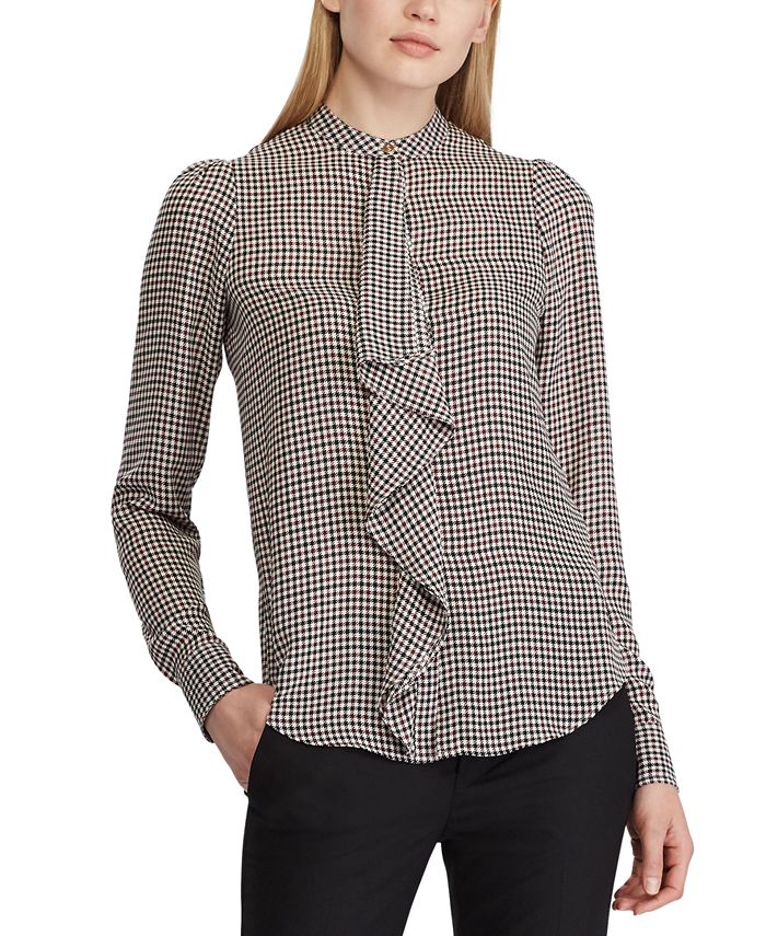 Lauren Ralph Lauren Check-Print Ruffle-Trim Georgette Top - Macy's