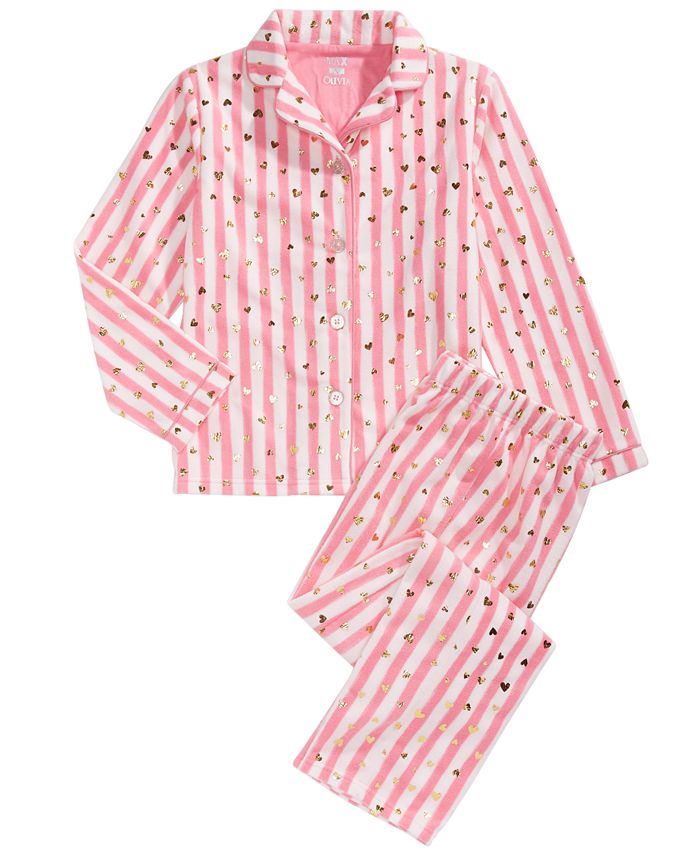 Max & Olivia Little & Big Girls 2-Pc. Heart-Print Striped Fleece Pajama ...