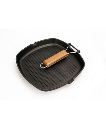 MasterPan Non-Stick Cast Aluminum Grill Pan with Folding Wooden Handle, 11" - Macy's