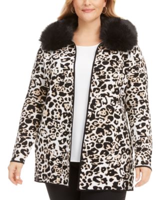 Belldini Plus Size Animal-Print Jacquard Cardigan With Faux-Fur Collar ...