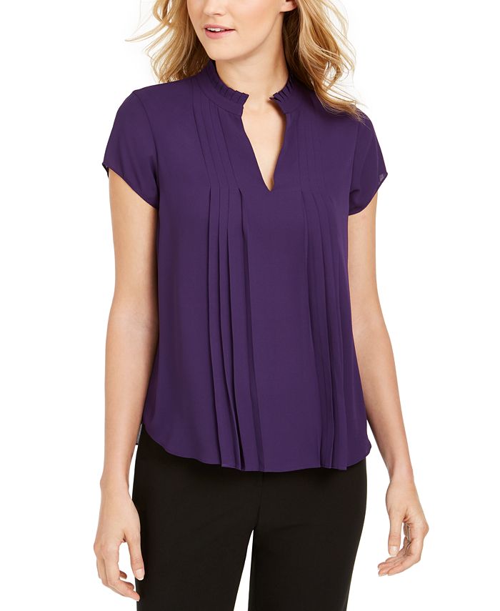 Calvin Klein Pleated Ruffle-Neck Top - Macy's