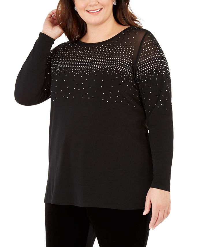 Belldini Plus Size Embellished Mesh-Trim Top - Macy's