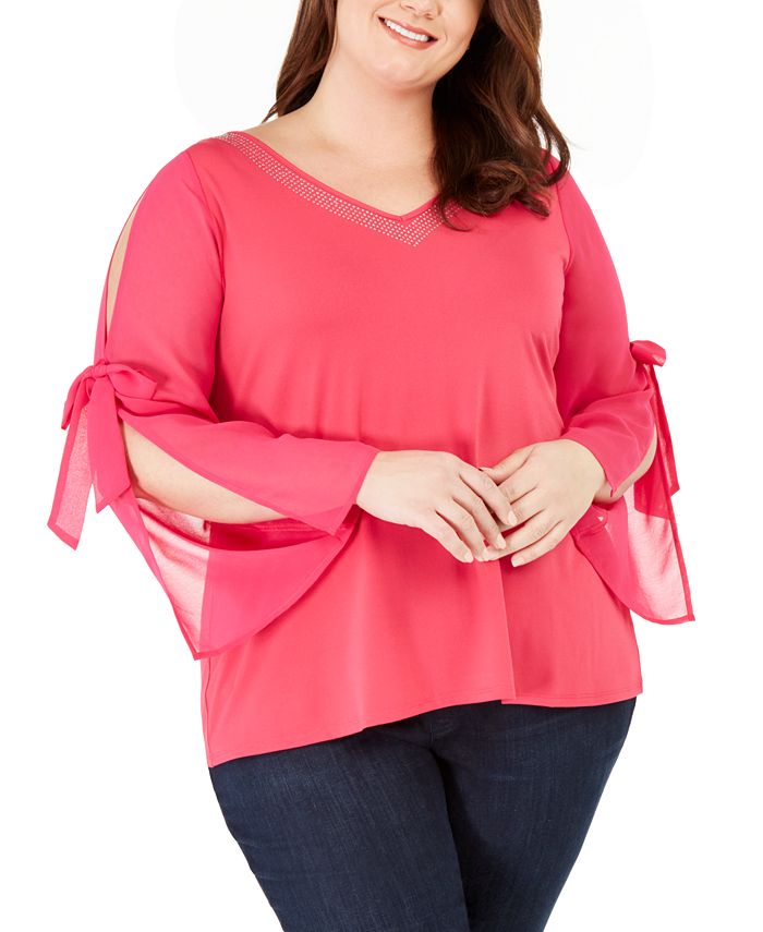 Belldini Plus Size Embellished Chiffon-Sleeve Top - Macy's