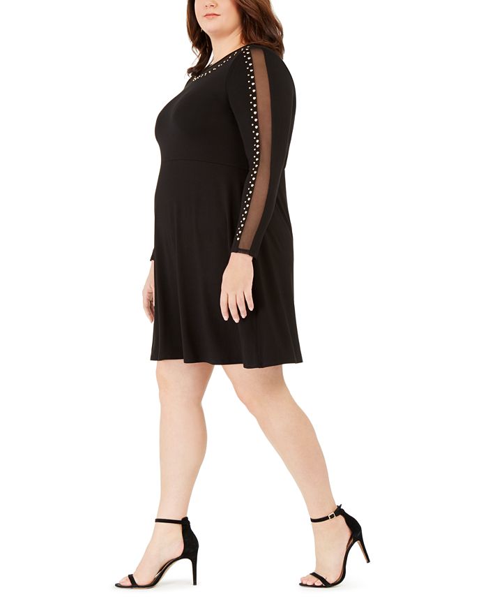 Belldini Plus Size Studded Mesh-Trimmed Fit & Flare Dress - Macy's