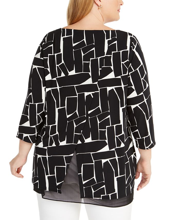 Alfani Plus Size Printed Mesh Underlay Top, Created for Macy's - Macy's