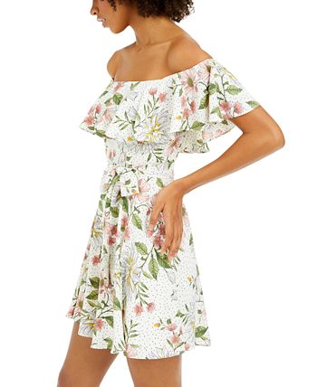 City Studios Juniors' Printed Ruffled Off-The-Shoulder Fit & Flare ...