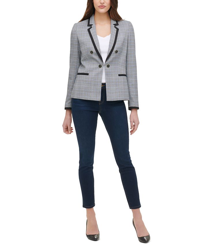 Tommy Hilfiger Plaid Faux Double-Breasted Piped Blazer - Macy's