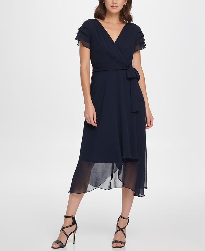 Dkny Triple Layer Sleeve V Neck Wrap Midi Macys