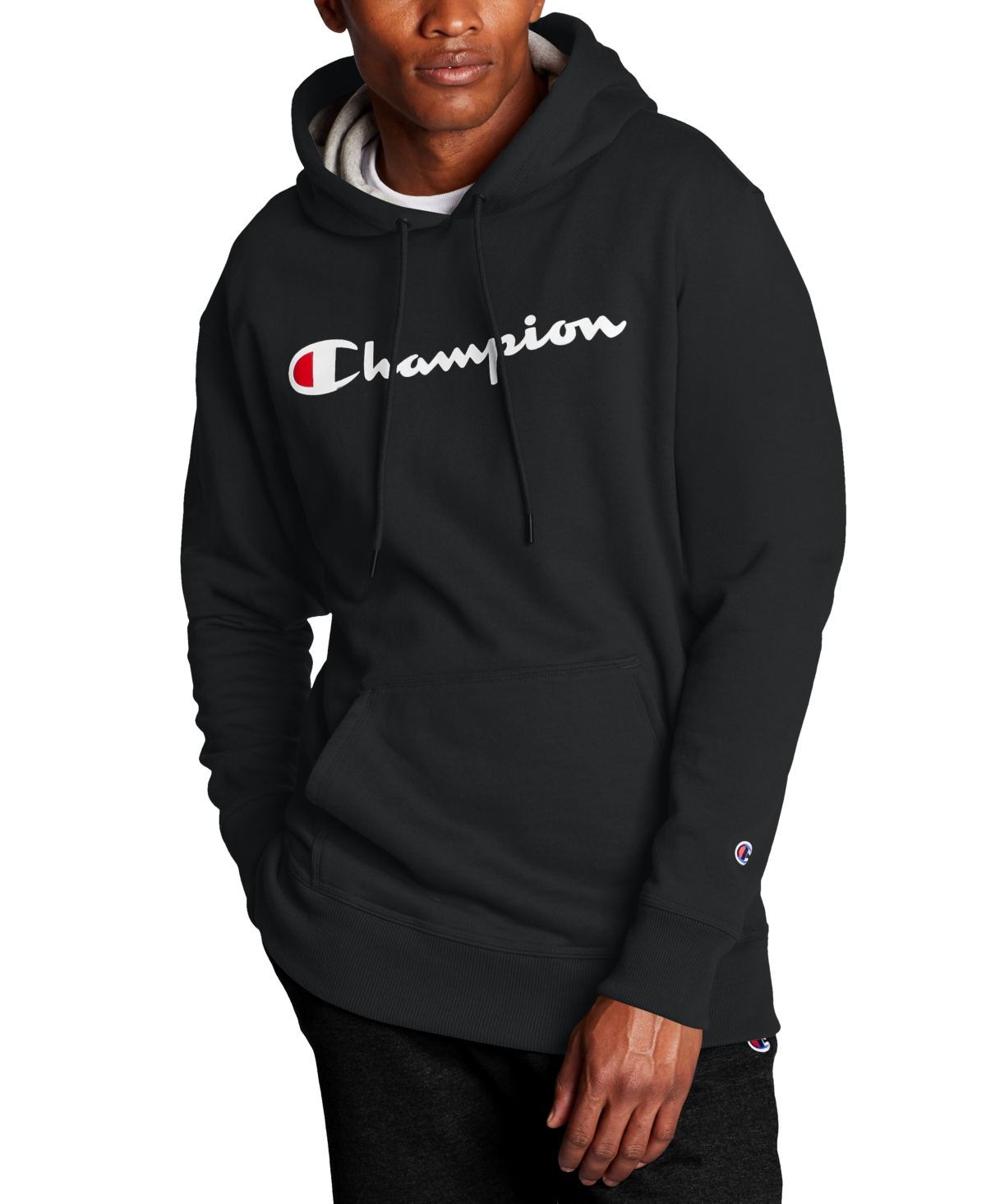 Click here for Champion Mens Script Logo Powerblend Hoodie - Blac... prices