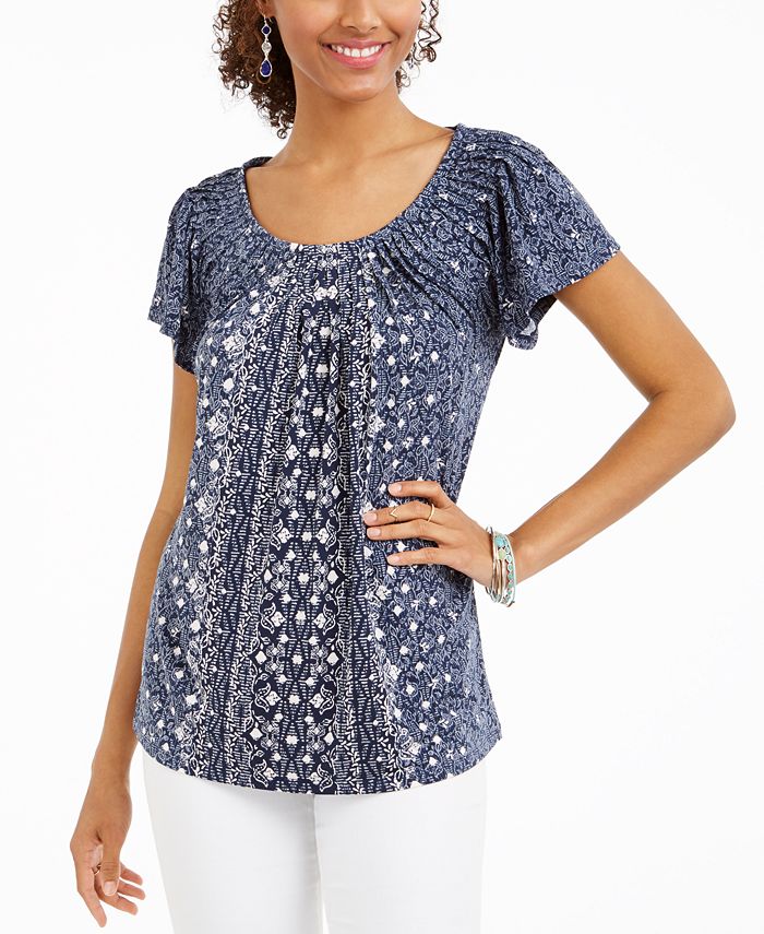 Style And Co Printed Pleat Neck Top Created For Macys Macys
