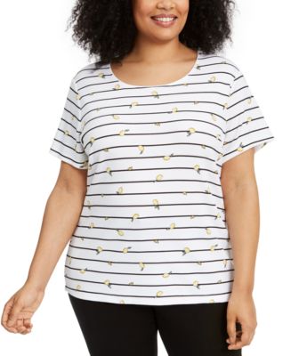 Karen Scott Plus Size Lemon-Print Striped Top, Created for Macy's - Macy's
