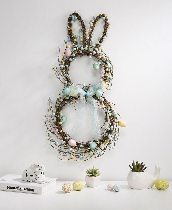 Glitzhome Easter Bunny Shaped Wreath with Eggs Satin Ribbon Bow - Macy's