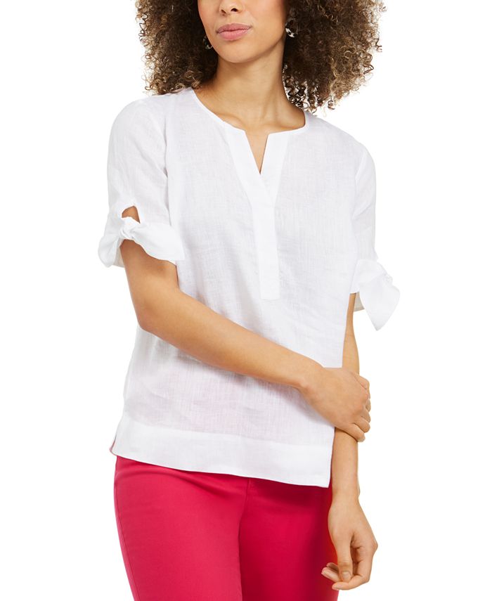 Charter Club Women's 100% Linen Split-Neck Tie-Cuff Top, Created for Macy's - Macy's