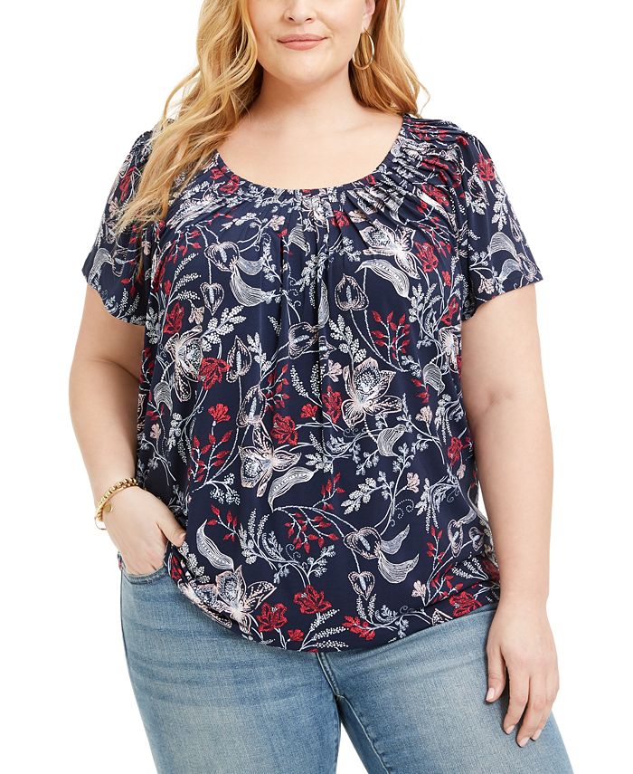Style & Co Plus Size Print Pleated-Neck Top, Created for Macy's - Macy's