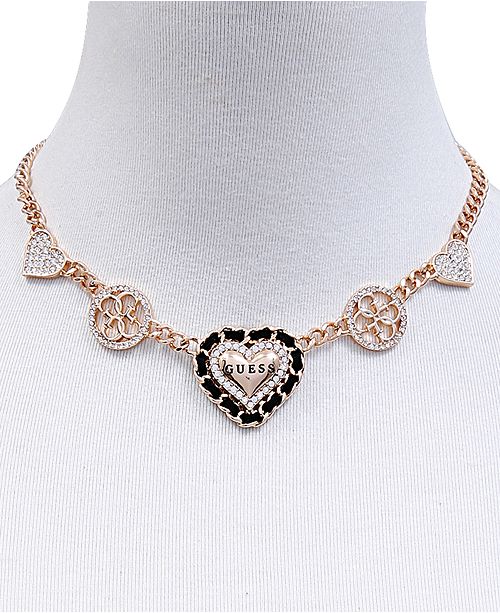GUESS Gold-Tone Crystal Heart Frontal Necklace, 16" + 2" extender ...