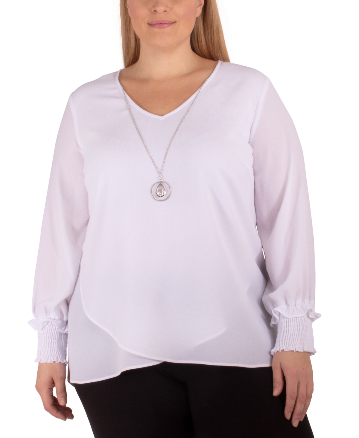 Click here for Plus Size Long Sleeve Overlapping Crepe Top with N... prices