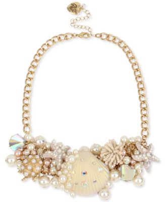 Betsey Johnson Gold-Tone Crystal & Imitation Pearl Seashell Statement Necklace, 17" + 3 ...