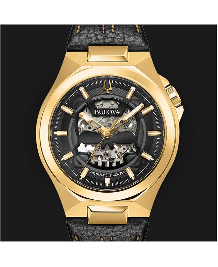 Bulova Men's Automatic Maquina Black Leather Strap Watch 46mm - Macy's