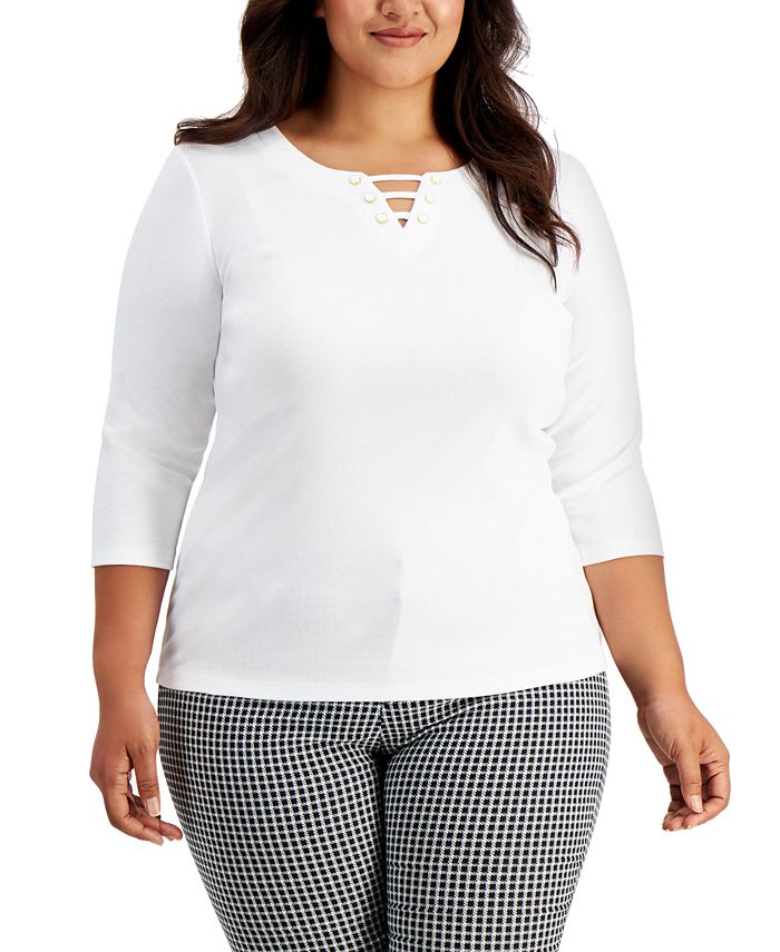 Karen Scott Plus Size Strappy 3 4 Sleeve Cotton Top Created For Macys