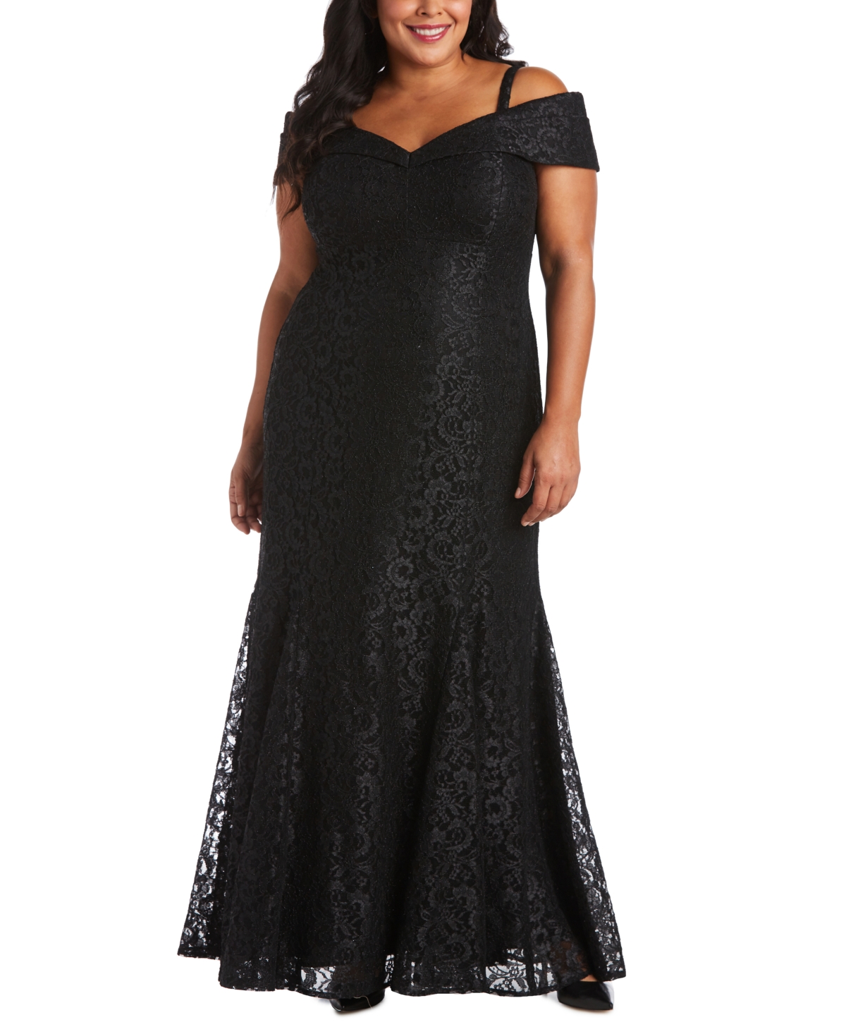 Click here for R & M Richards Plus Size Off-The-Shoulder Lace Gow... prices
