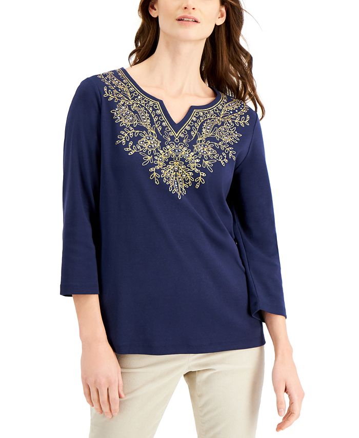 Karen Scott Embellished Split-Neckline Top, Created for Macy's - Macy's