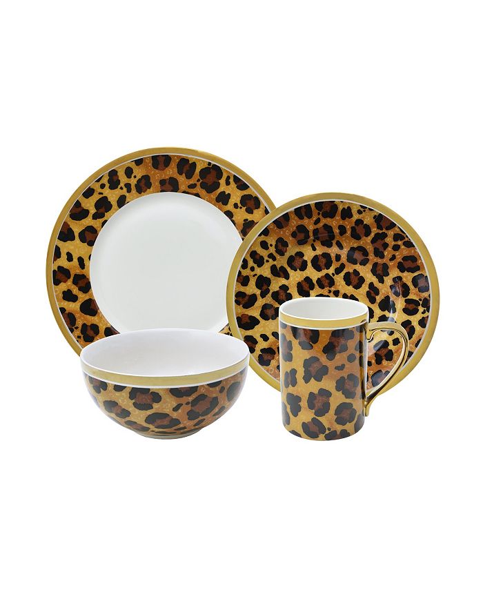 222 Fifth Serengeti Leopard with Electropated Gold 16 Piece Dinnerware ...