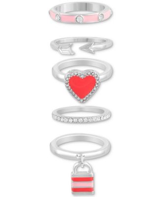 GUESS Silver-Tone 5-Pc. Set Red, Pink & Crystal Stackable Rings - Macy's