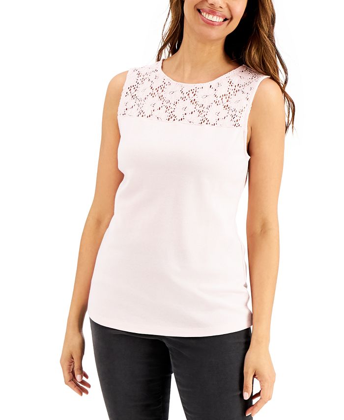 Karen Scott Cotton Lace-Yoke Tank Top, Created for Macy's - Macy's