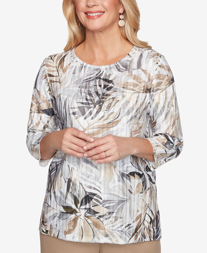Alfred Dunner Petite Tropical Leaves Printed Top - Macy's