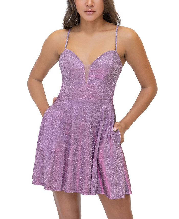 B Darlin Juniors' Iridescent Strappy-Back Skater Dress - Macy's