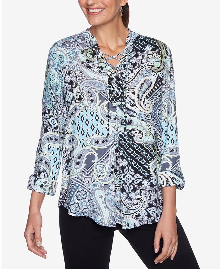 Ruby Rd. Petite Printed Lace-Up Top - Macy's