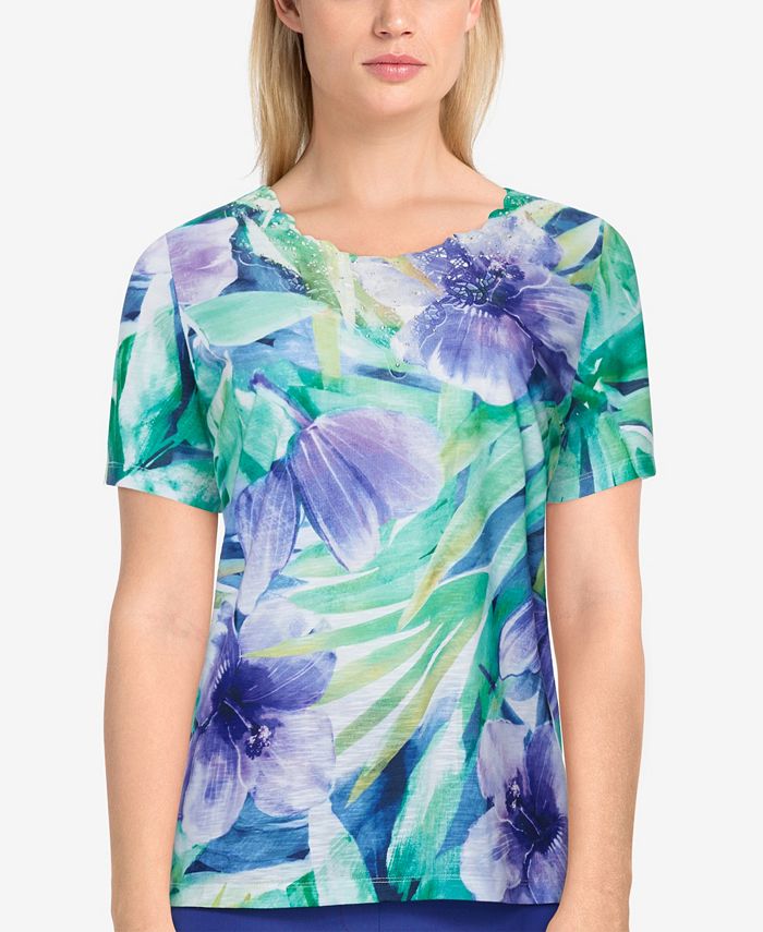 Alfred Dunner Plus Size Savannah Tropical Print Short Sleeve Top - Macy's