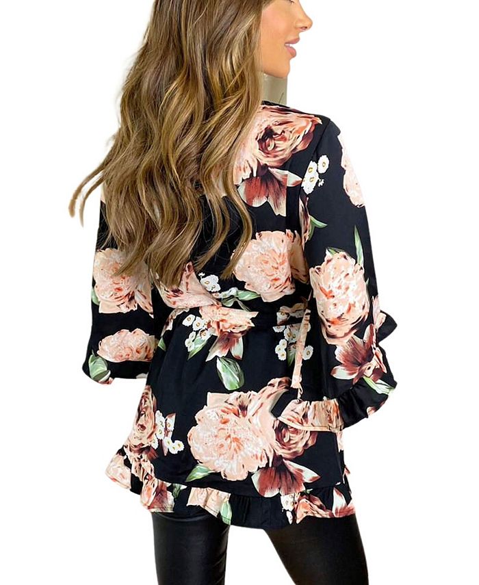 AX Paris Rose Print Frill Wrap Top - Macy's